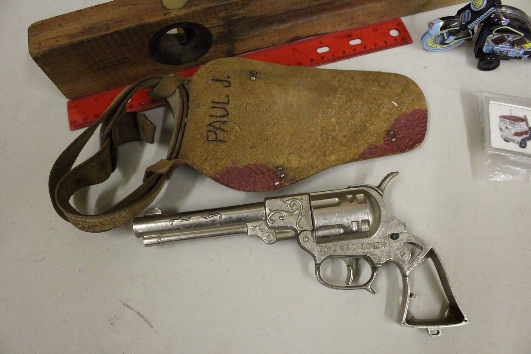 Stanley Wooden Leveler, Tin Motorcycle, Red Ranger Toy Gun& Kenworth ...