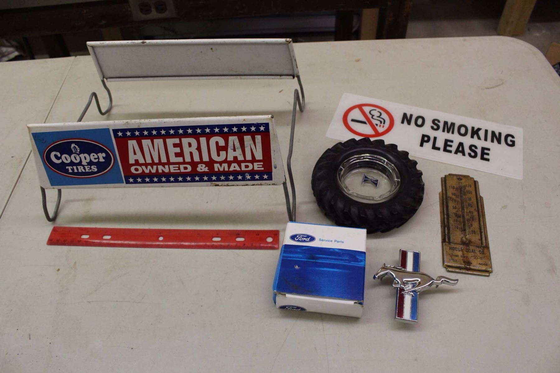 Good Year Tire Ashtray, Ford Emblem, Cooper Tires Display Rack, Etc