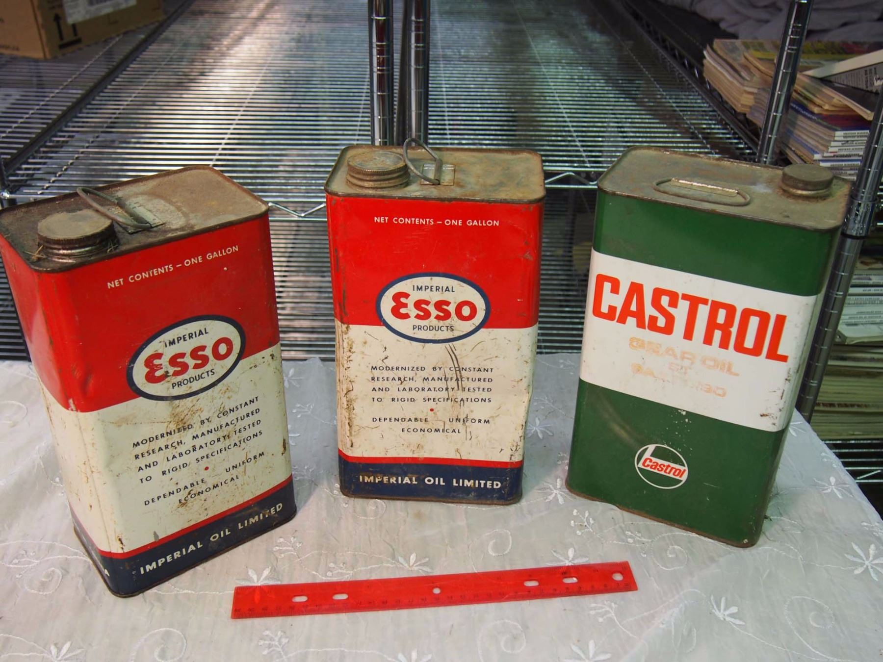 Lot Of Oil Gallon Tins (Esso, Castrol)