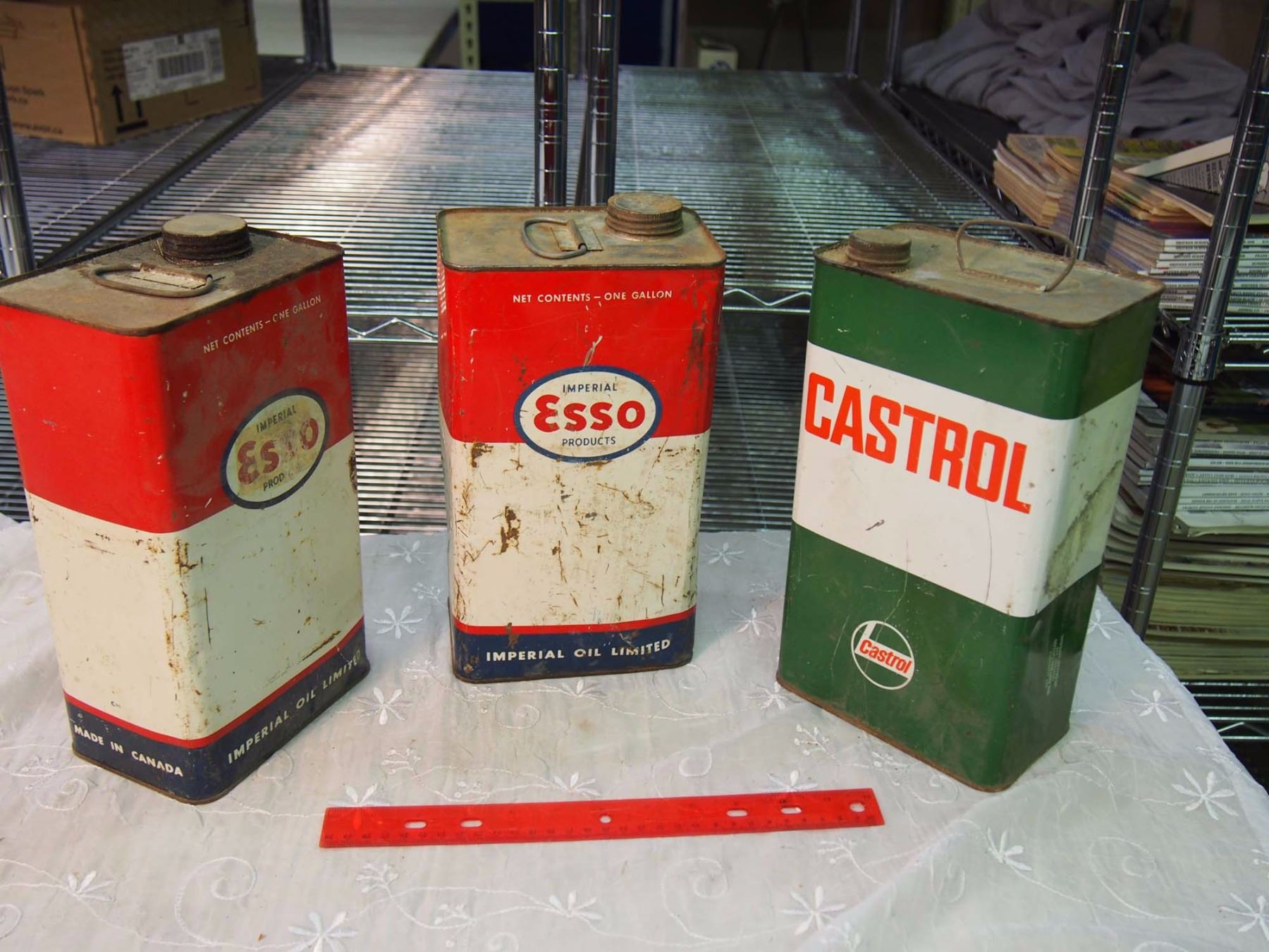 Lot Of Oil Gallon Tins (Esso, Castrol)