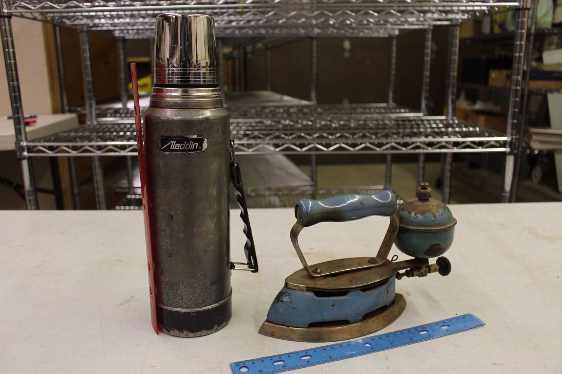 Vintage Coleman Gas Iron w/An Aladdin Metal Thermos