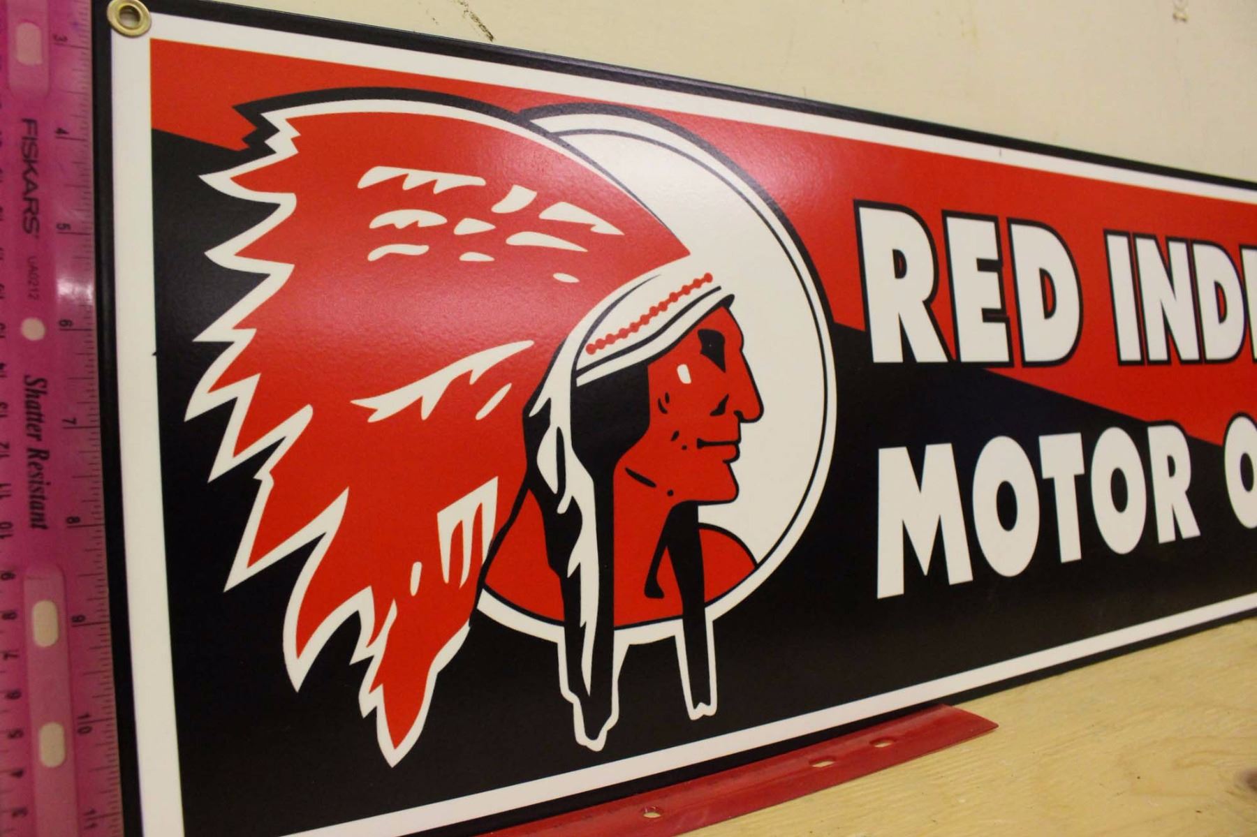 Red Indian Motor Oils Reproduction Metal Sign (30"x10")