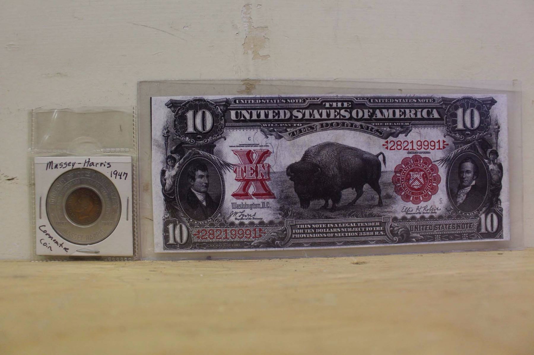 Massey-Harris 1947 Commemorative Coin w/USA Ten Dollar Bill (Copy)