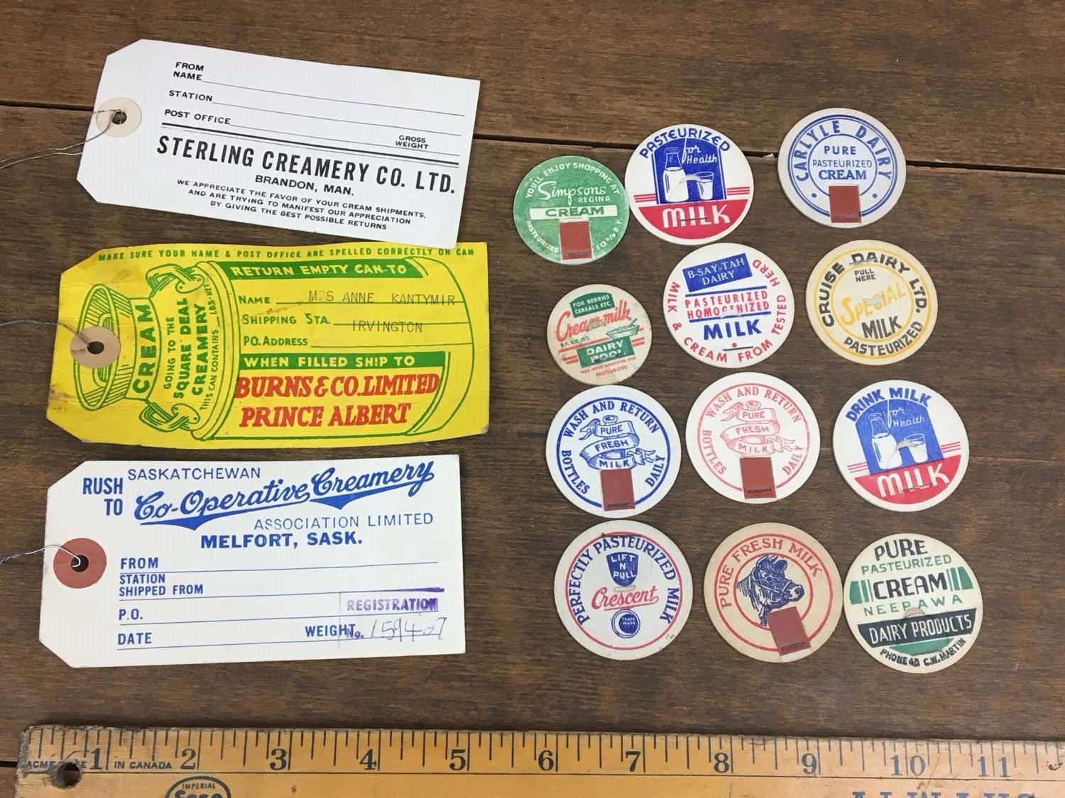 Lot Of Milkcap Cream Can Tags, Bottle Covers (Brandon, Prince Albert ...
