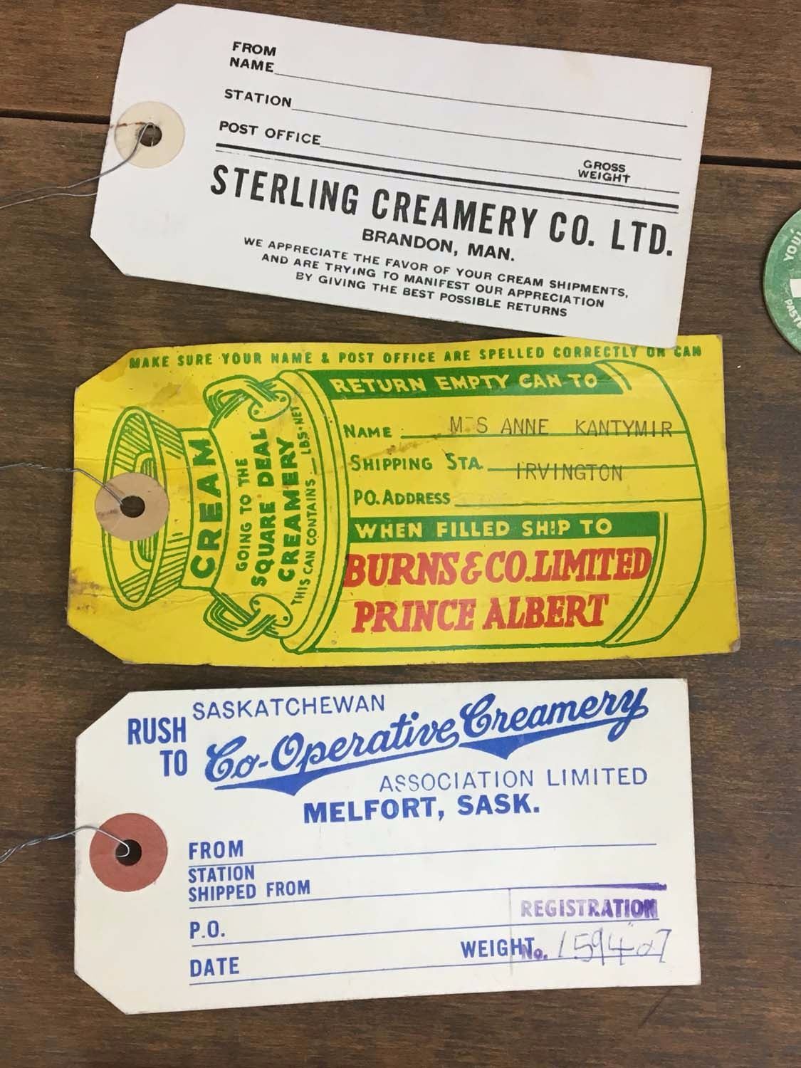 Lot Of Milkcap Cream Can Tags, Bottle Covers (Brandon, Prince Albert ...
