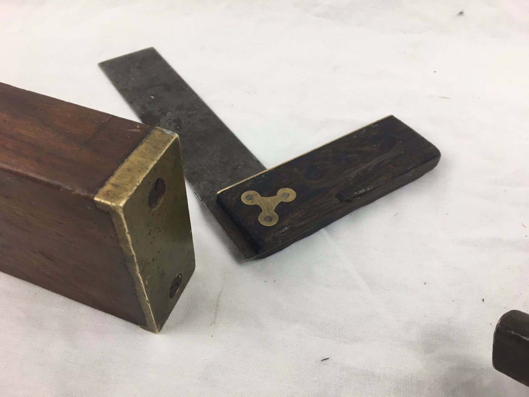 Antique Carpenters Tools (Brass & Wood Level (Stanley), Square, Plane)