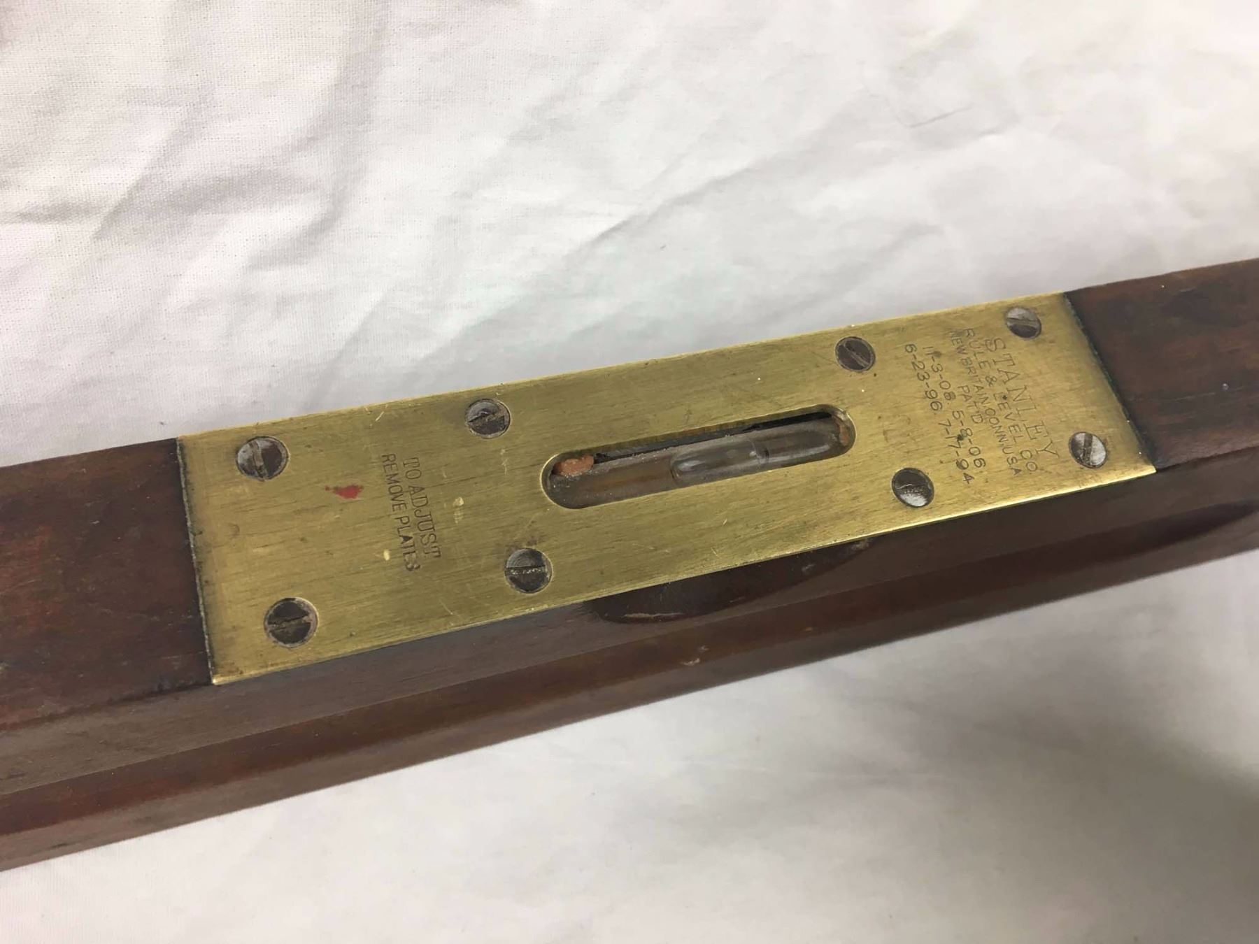 Antique Carpenters Tools (Brass & Wood Level (Stanley), Square, Plane)