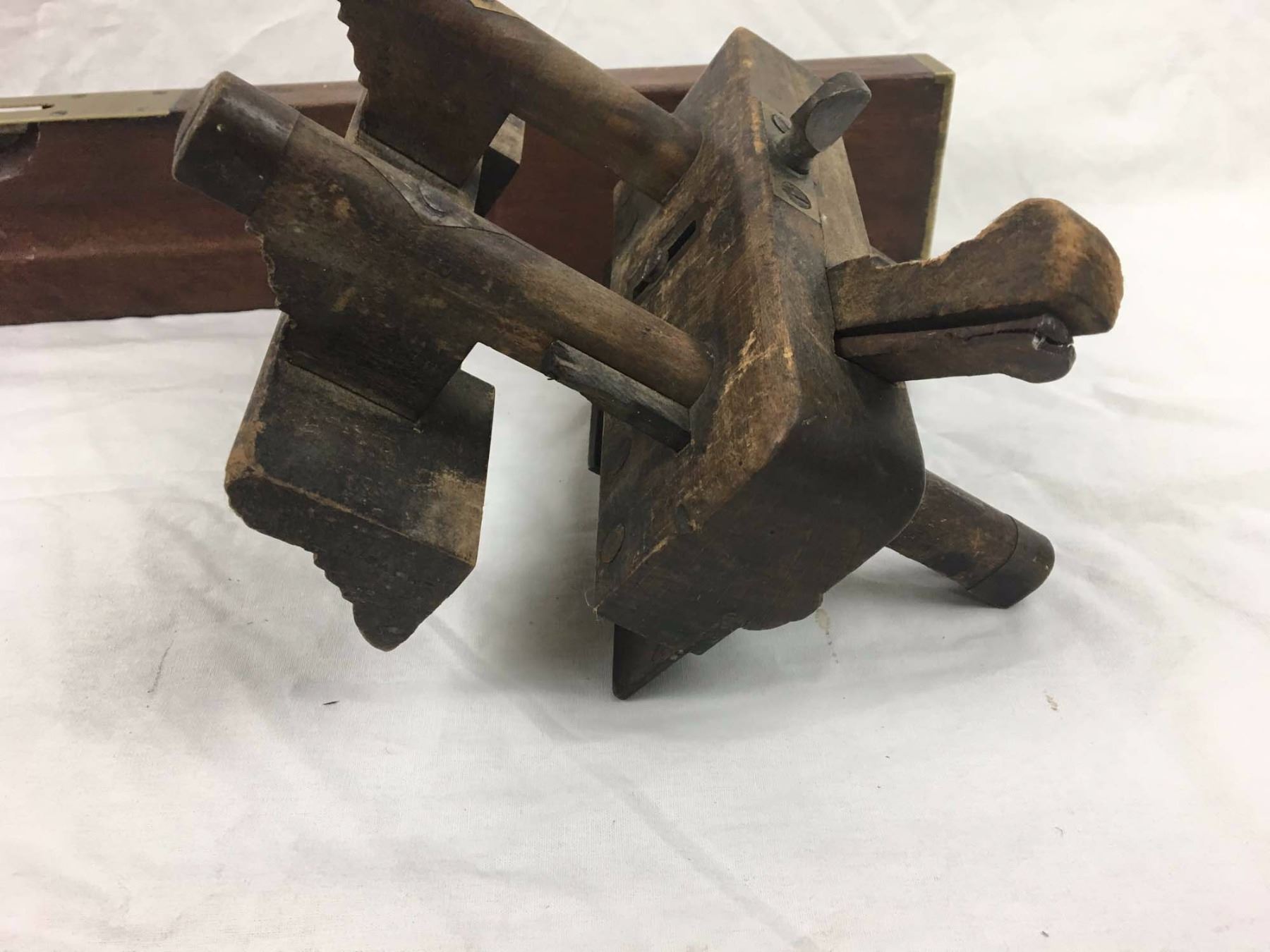 Antique Carpenters Tools (Brass & Wood Level (Stanley), Square, Plane)