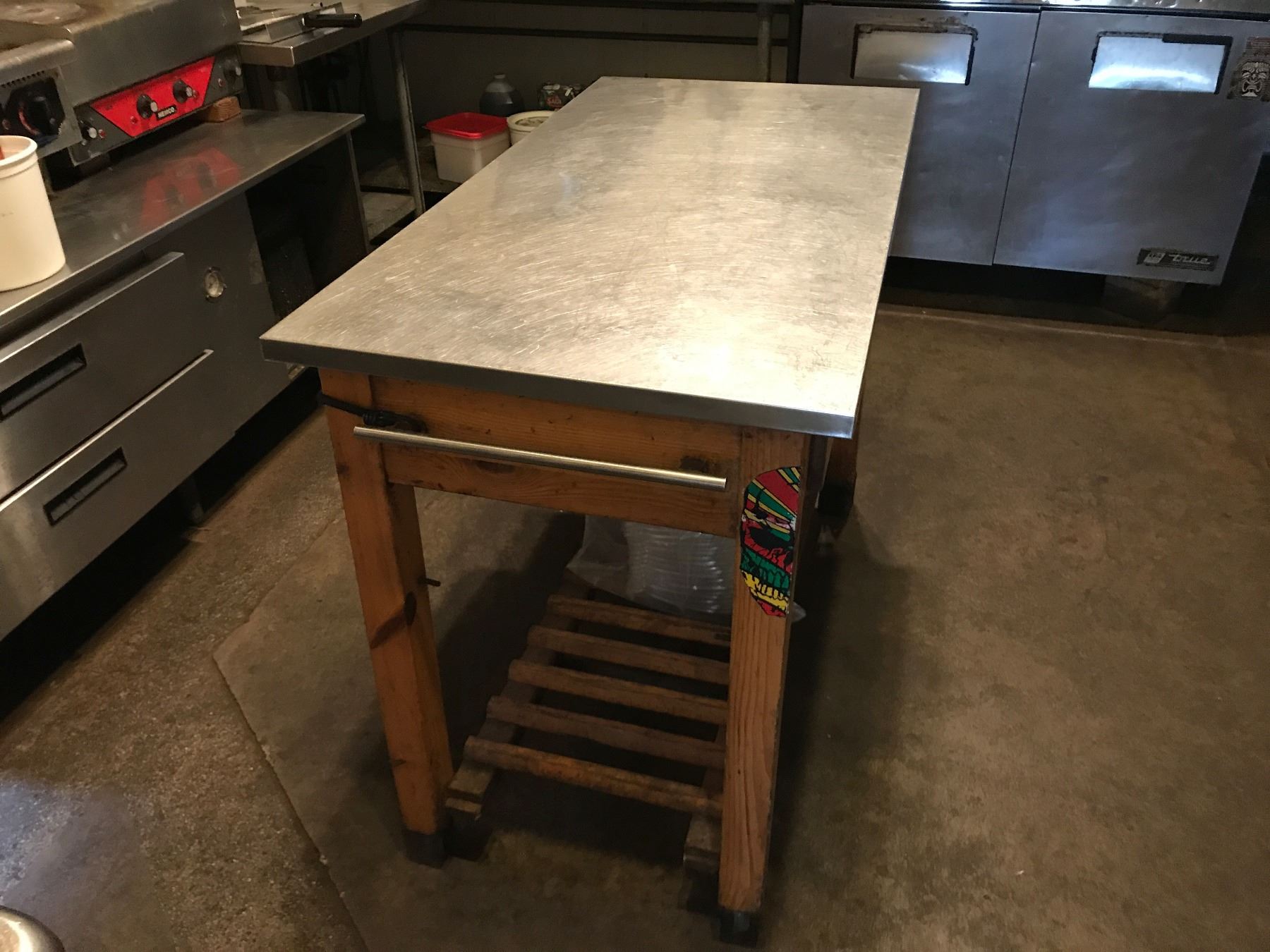 Island Prep Table With Wheels Wood Base Stainless Steel Top 48 L island-prep-table-with-wheels-wood-base-stainless-steel-top-48-l