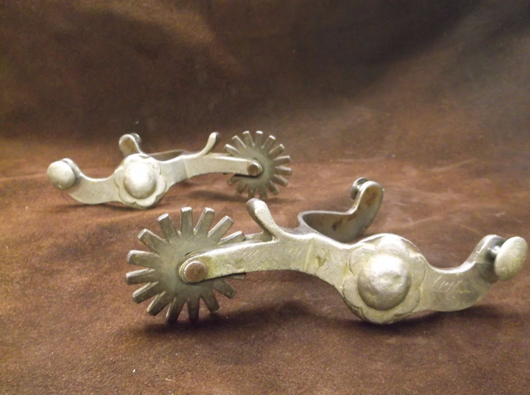 Marked Crockett Spurs- Silver Overlaid- Frontier Pattern- Chap Guards ...