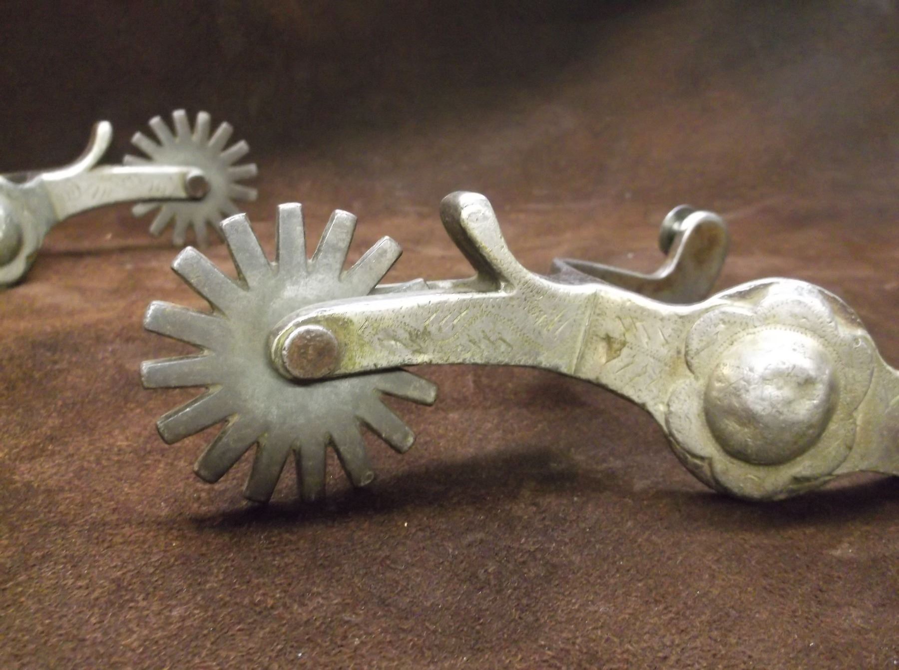 Marked Crockett Spurs- Silver Overlaid- Frontier Pattern- Chap Guards ...
