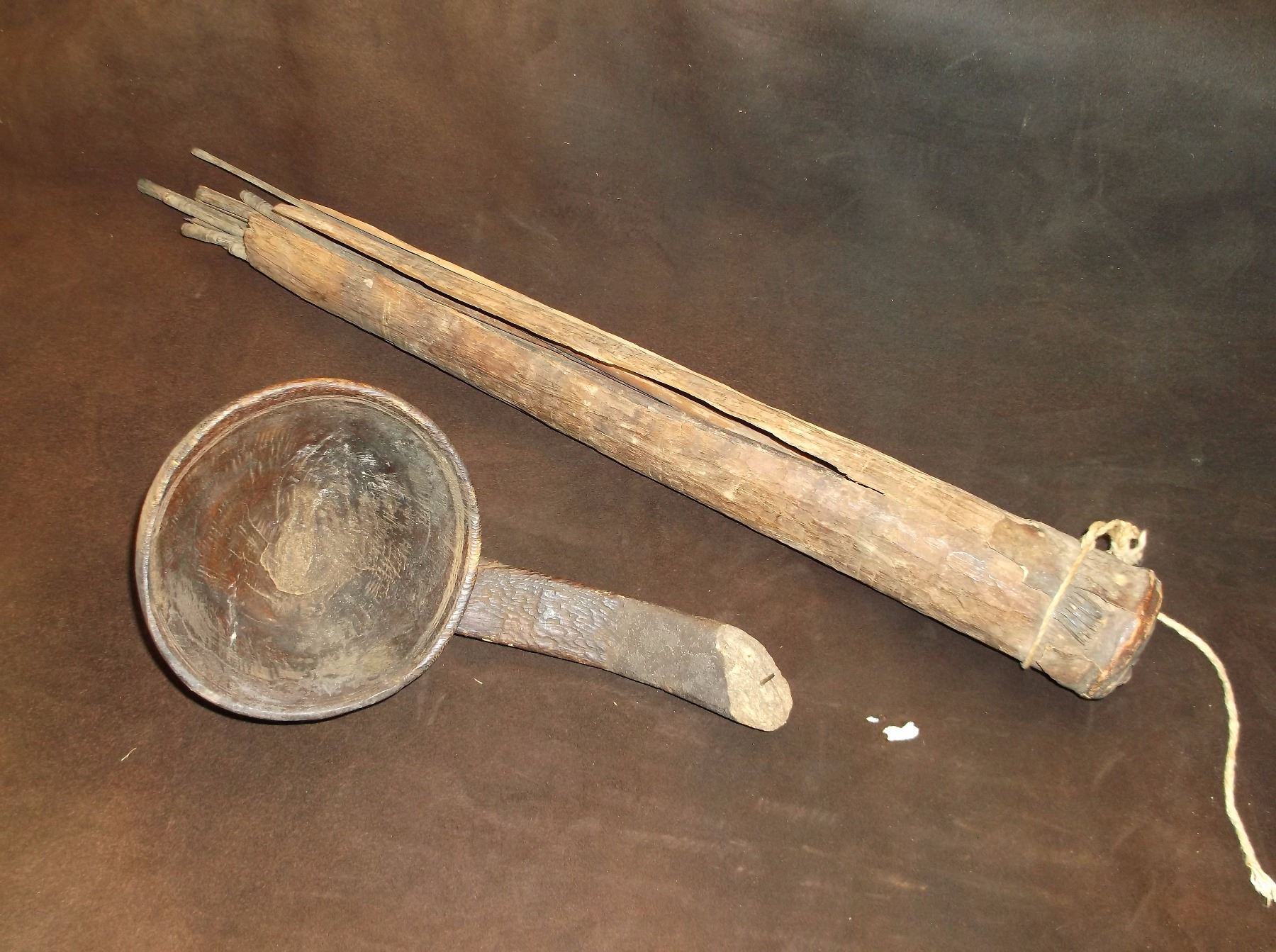 Rare Early African Quiver with Arrows- Wooden Water Dipper- Broken Handle
