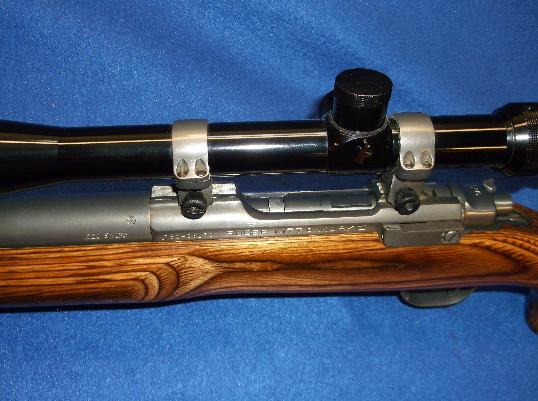 Ruger M77 Mark II Rifle- .220 Swift- Tiger Wood- Bull Barrel- Tasco ...