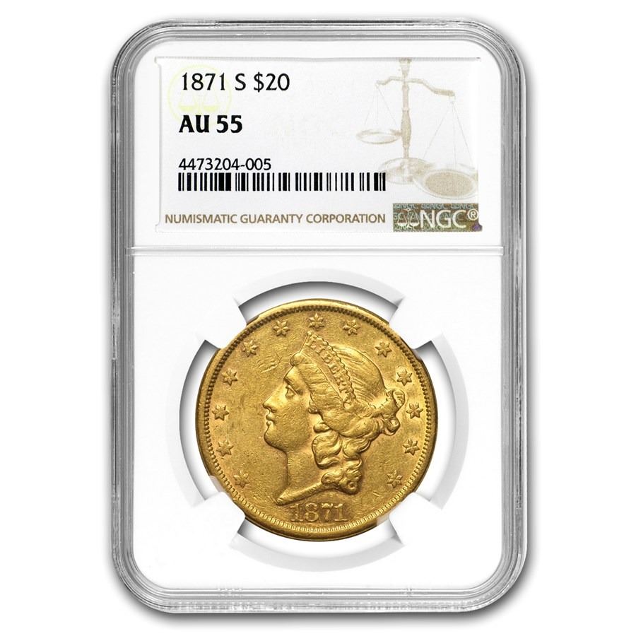 1871-S $20 Liberty Head Double Eagle Gold Coin NGC AU55