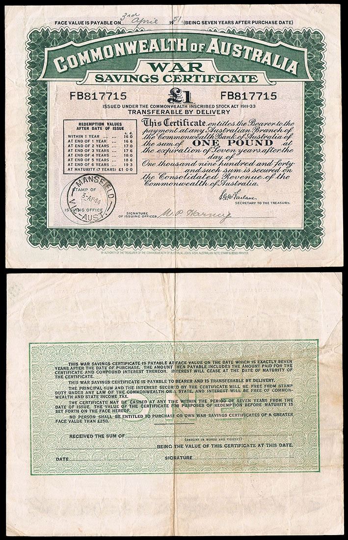 WWII Commonwealth of Australia, War Savings Certificate, One Pound, 1944
