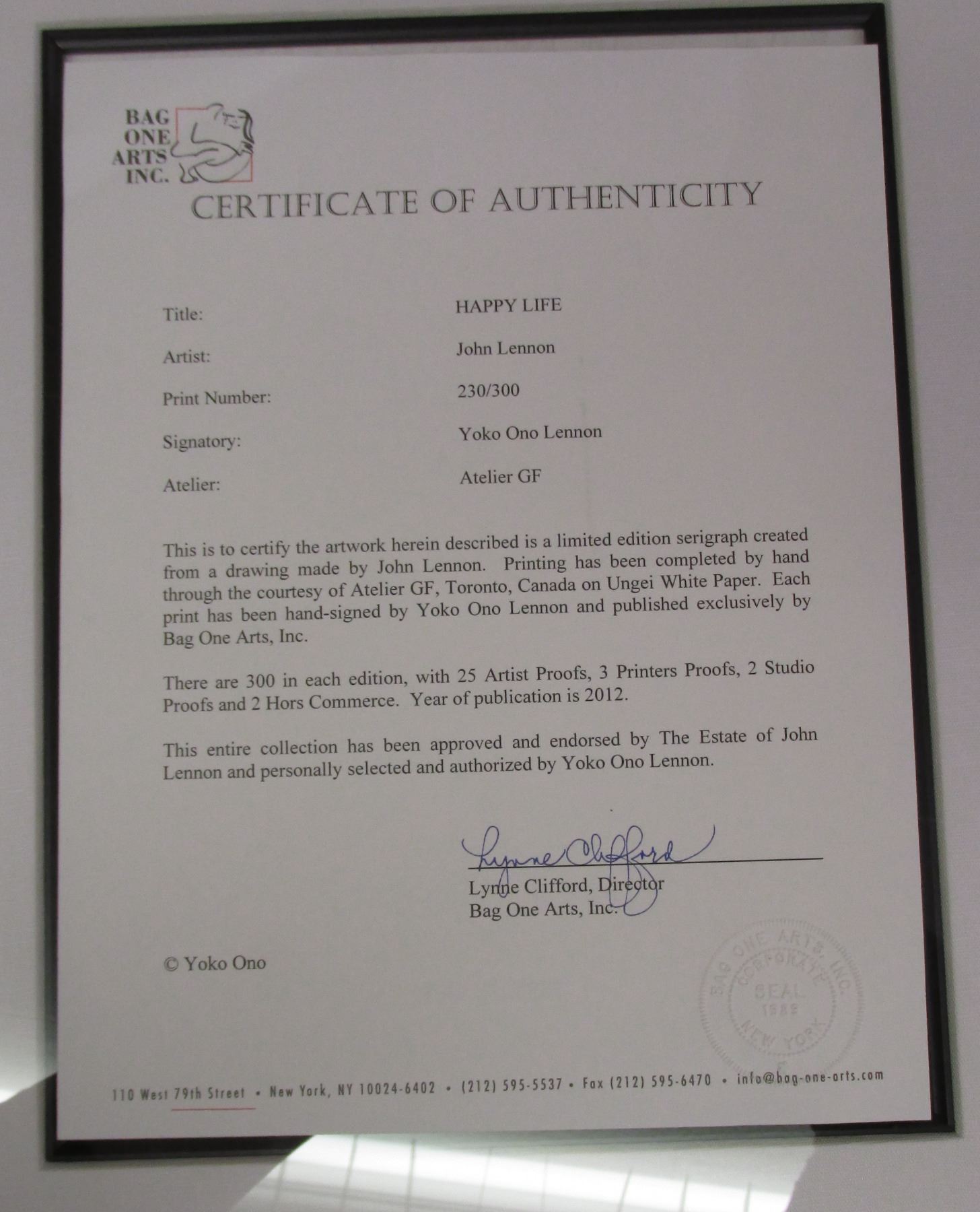 Signed John Lennon Limited Edition Serigraph 230/300 With Certificate ...