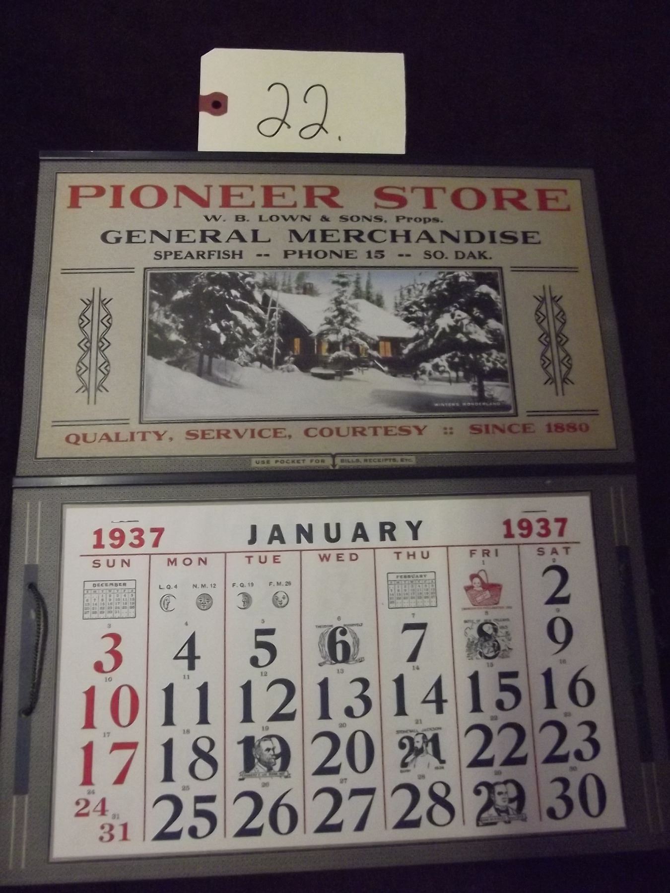 1937 Calendar from The Pioneer Store in Spearfish SD