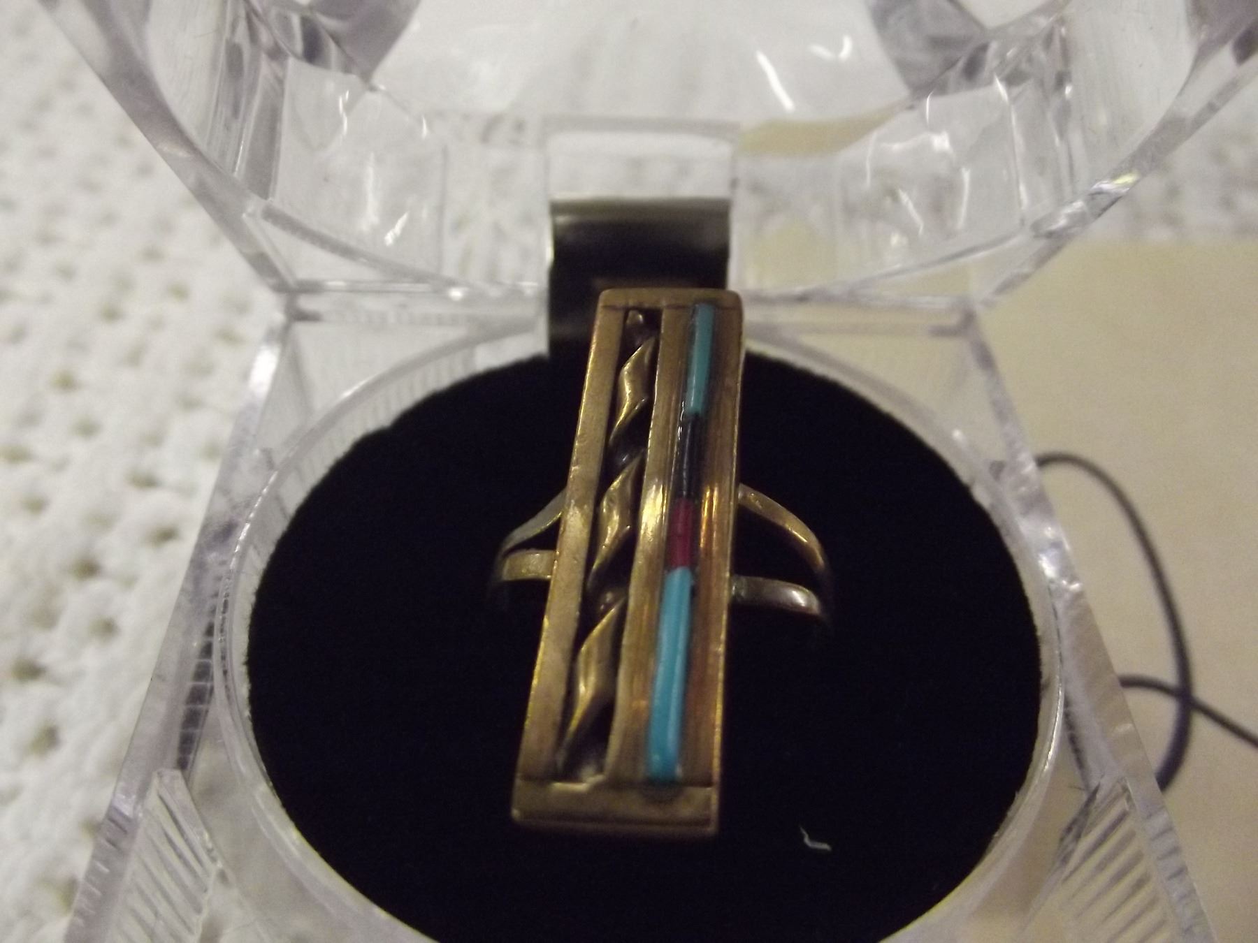 Handmade Brass, Turquoise, Coral & Jet Ring