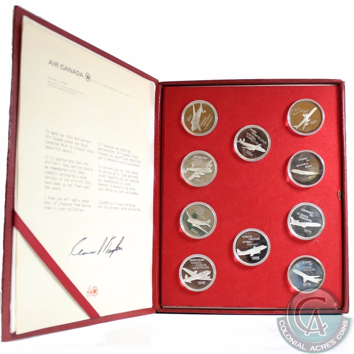 1937-1977 Air Canada 40th Anniversary Sterling Silver Aircraft 10-coin ...