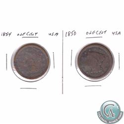 1850 & 1854 United States 1-cent coins. 2 pcs