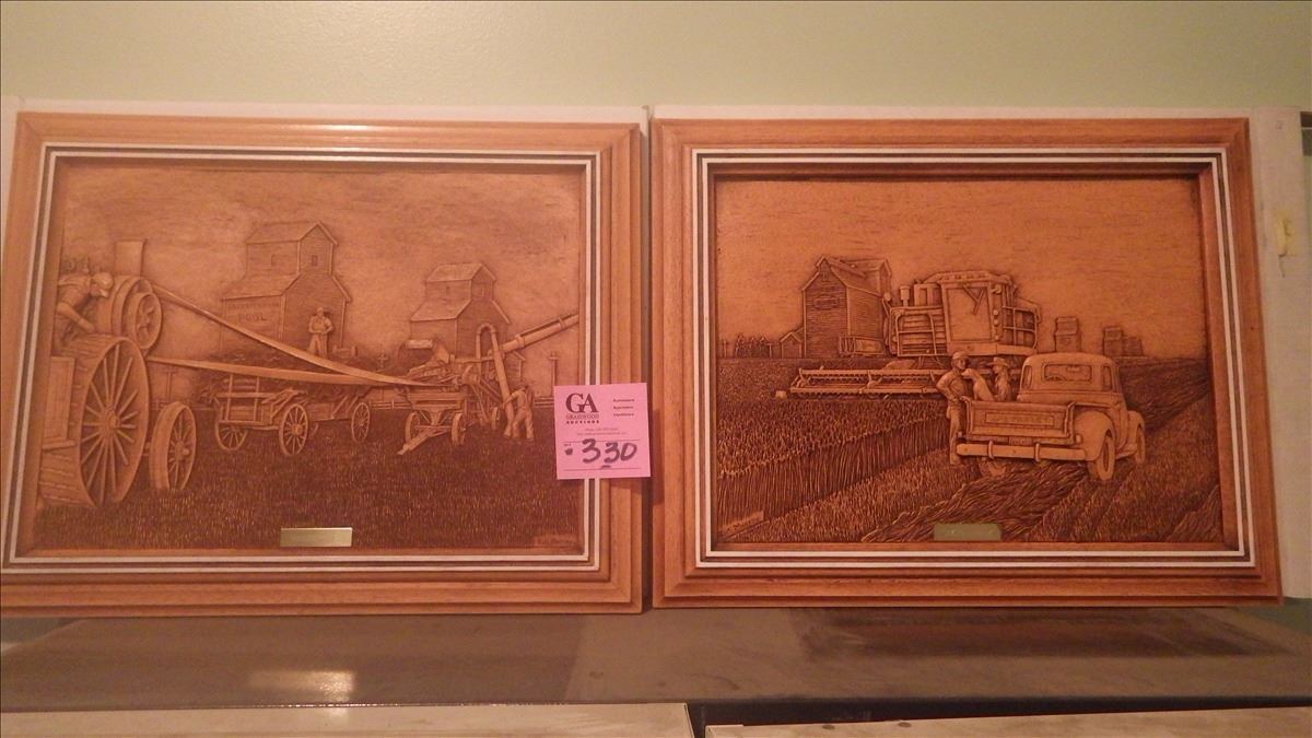 SET OF 2 "HARVEST TIME" AND "TAKING A BREAK" CARVED PICTURES BY KIM MURRAY