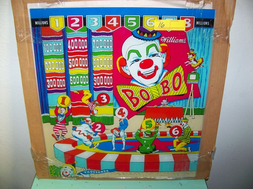 WILLIAM'S BOBO 1961 NEW REPRO PINBALL BACK GLASS