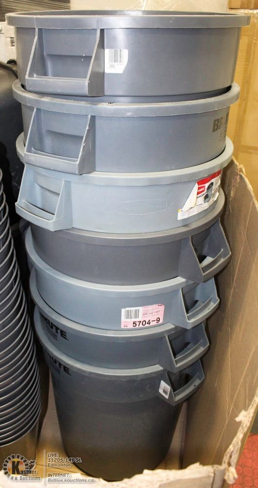 STACK OF 7 BRUTE COMMERCIAL GARBAGE CANS