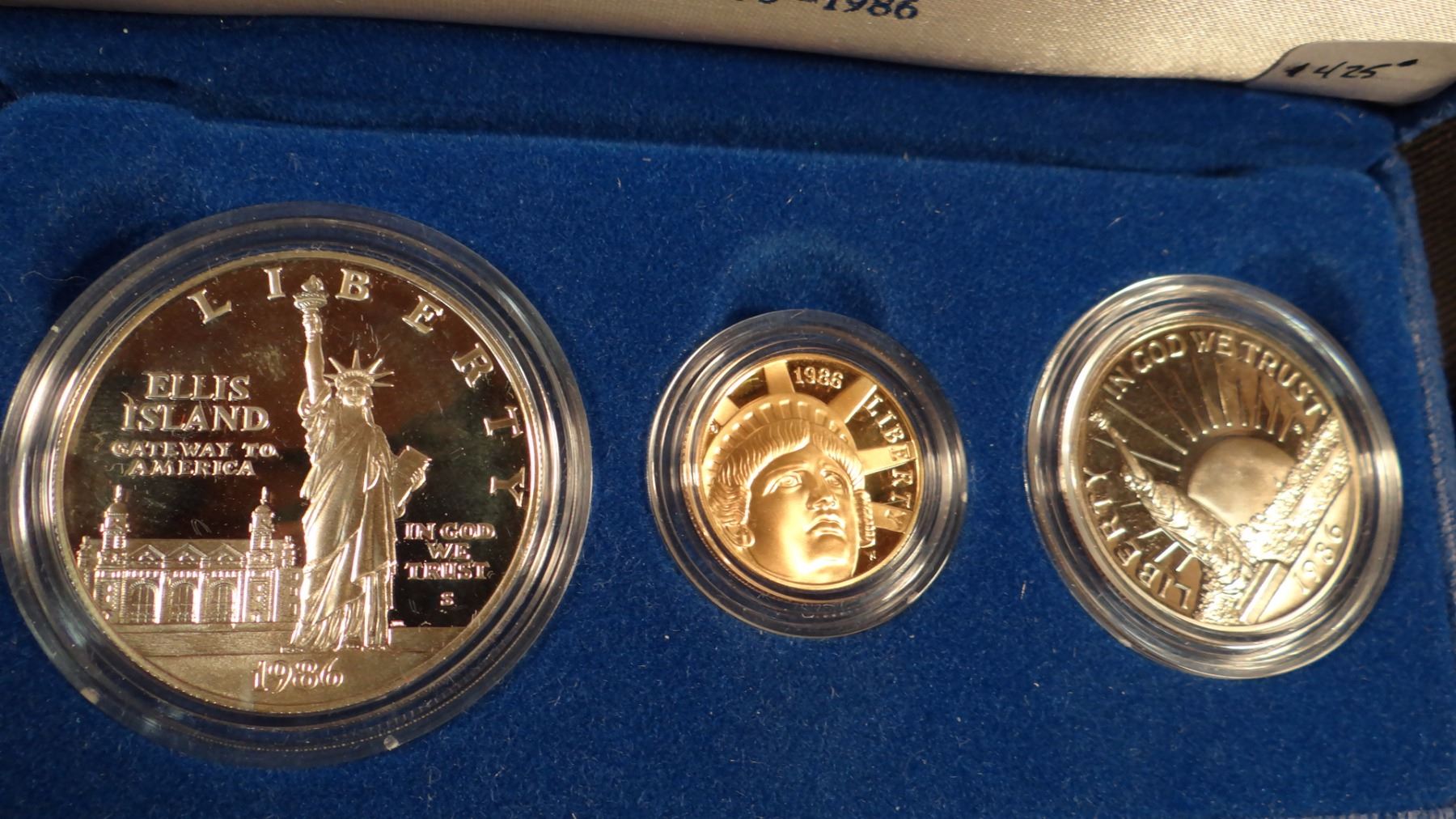 Statue of Liberty proof set, 3 coins including $5 gold piece