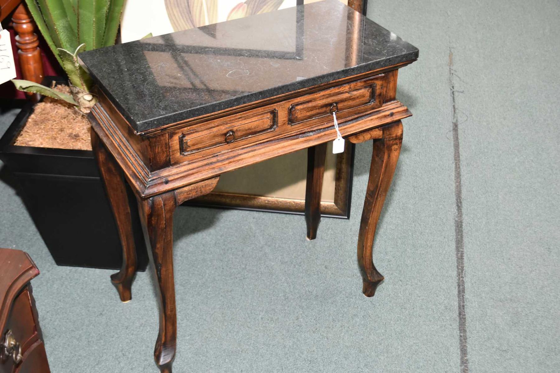 Antique reproduction single drawer and marble top console table