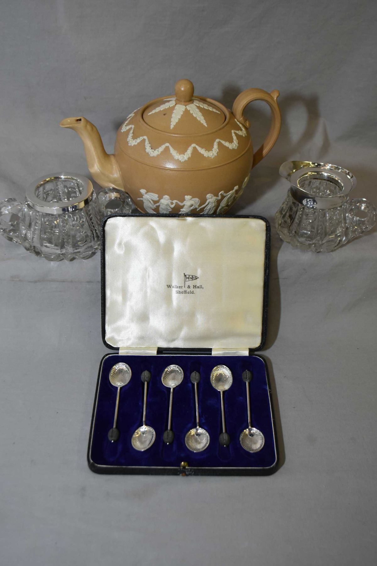 Vintage English Copeland tea pot, a set of six silver coffee spoon and ...