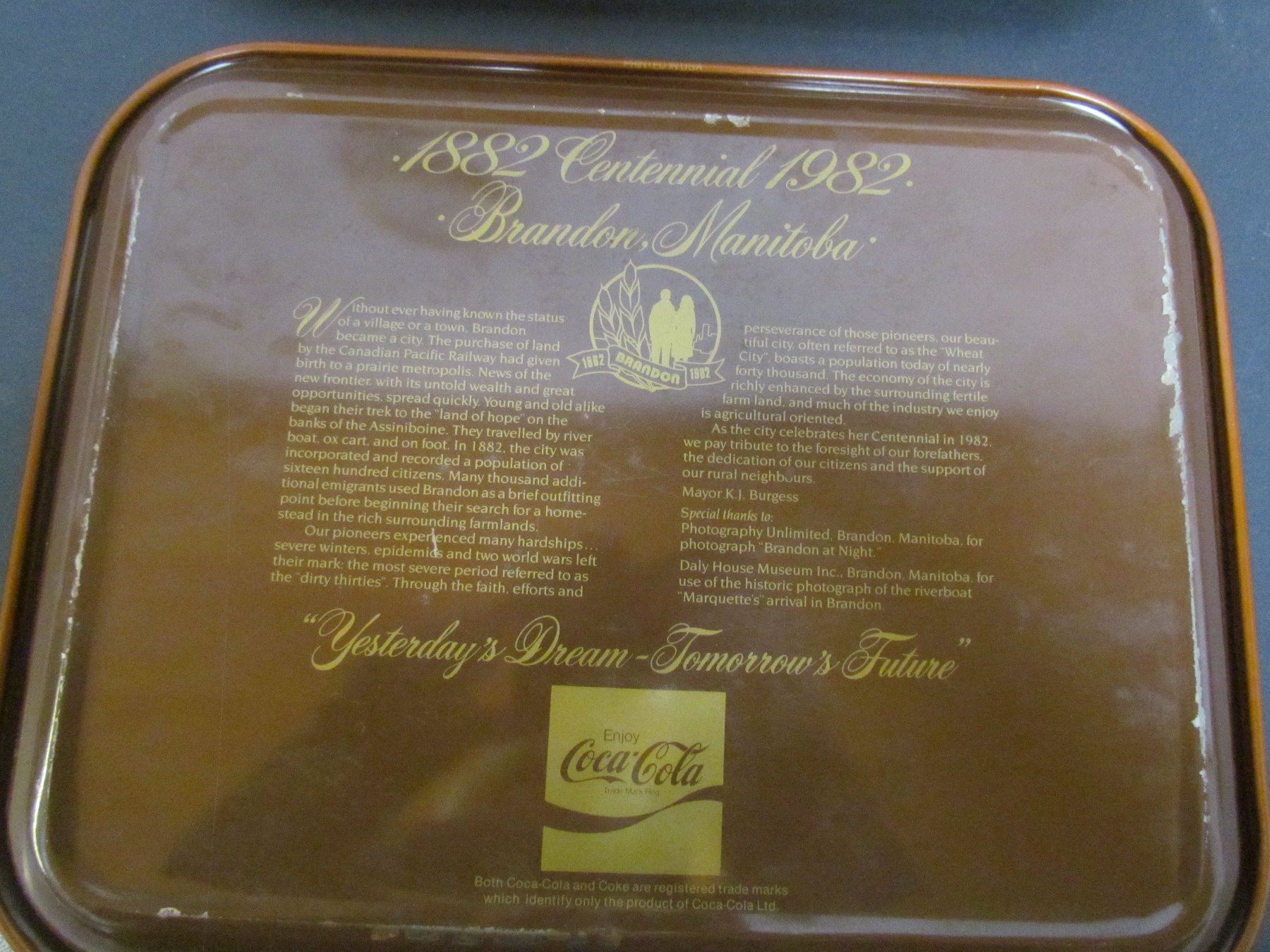 1982 Brandon Manitoba Centennial Coca Cola Tray - Schmalz Auctions