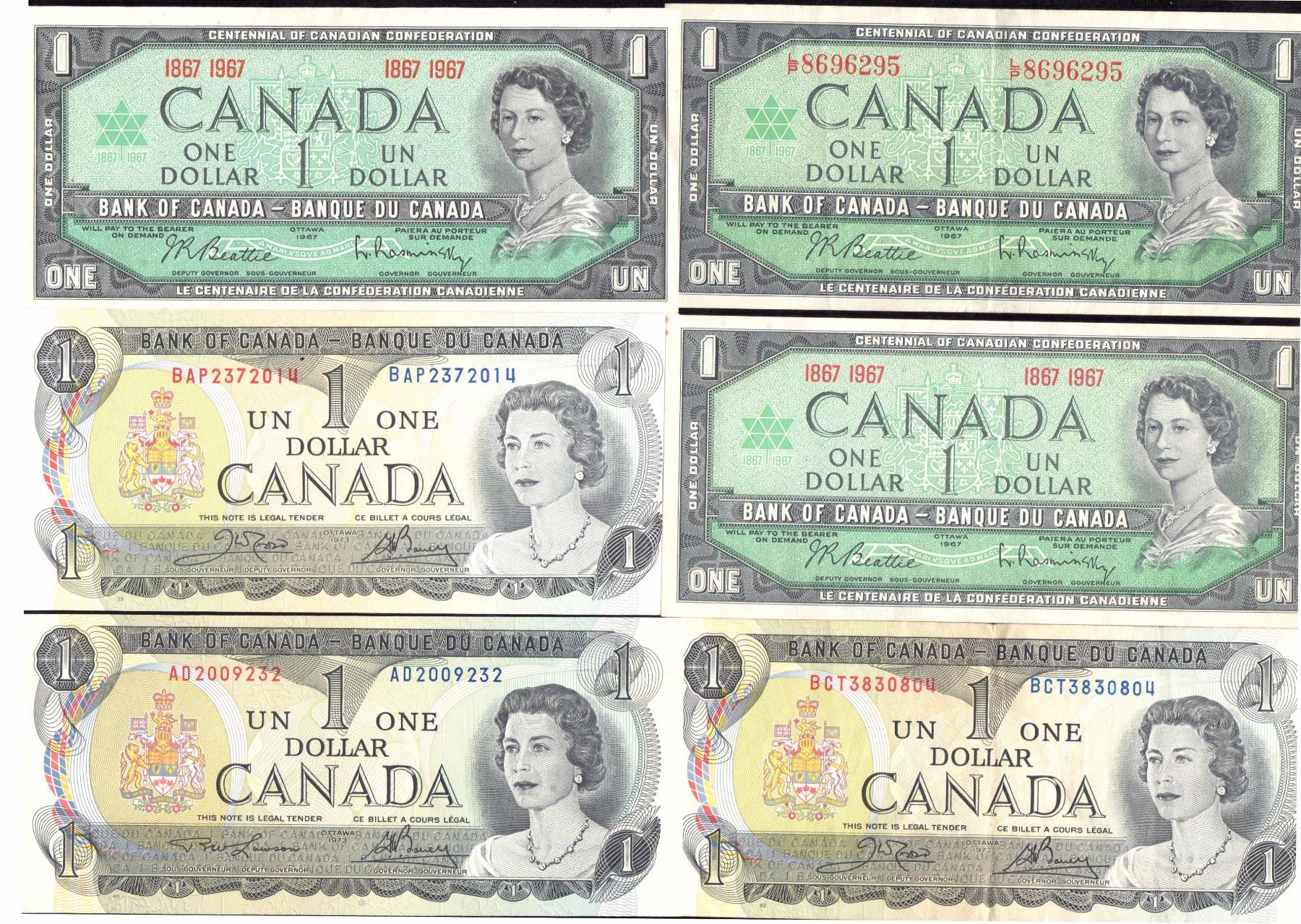 Lot of 12 - Bank of Canada Banknotes 1954 $5, 1954 $2, 1967 $1, 1973 $1 ...