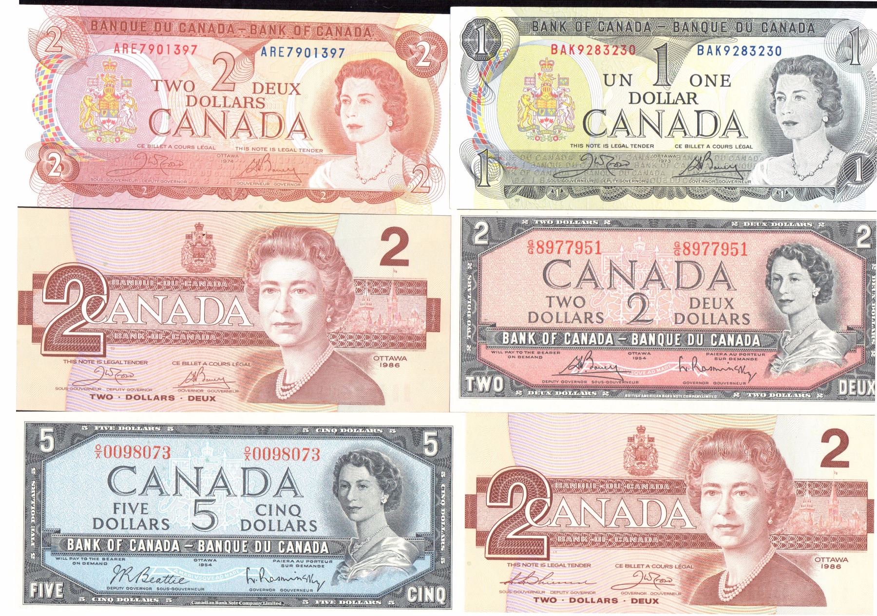 Lot of 12 - Bank of Canada Banknotes 1954 $5, 1954 $2, 1967 $1, 1973 $1 ...