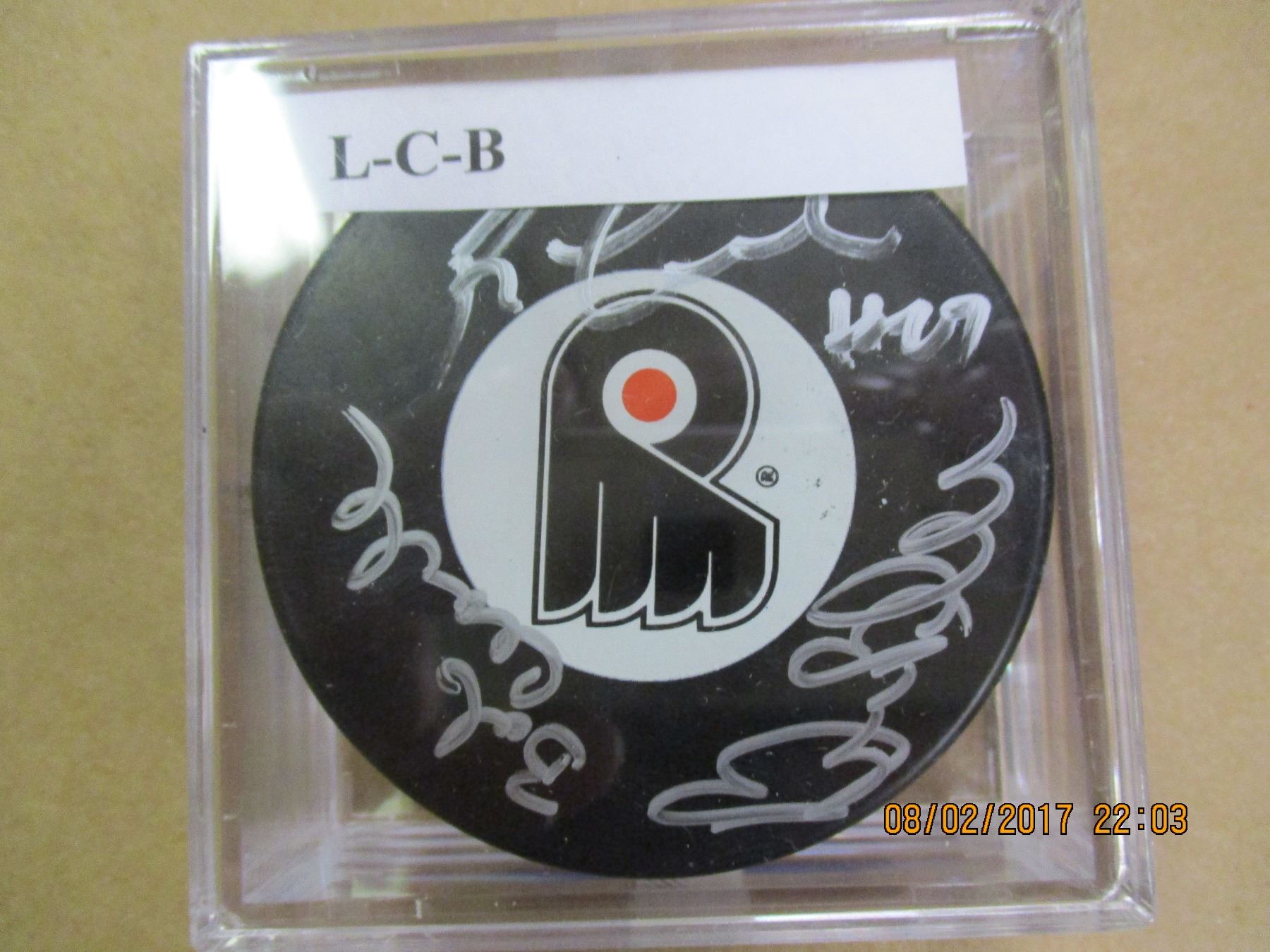 L-C-B, Bill Barber, Bobby Clarke, Reggie Leach autographed hockey puck