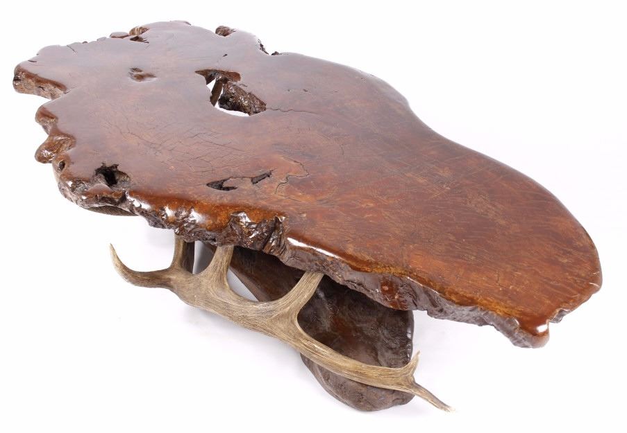 Live Edge Juniper Burl Slab & Antler Coffee Table