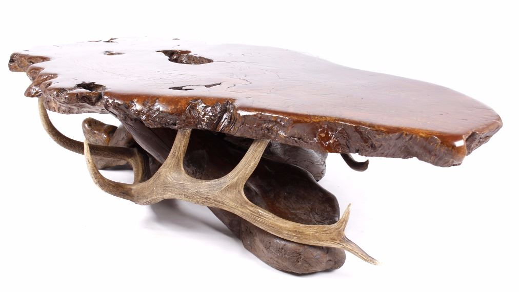 Live Edge Juniper Burl Slab & Antler Coffee Table