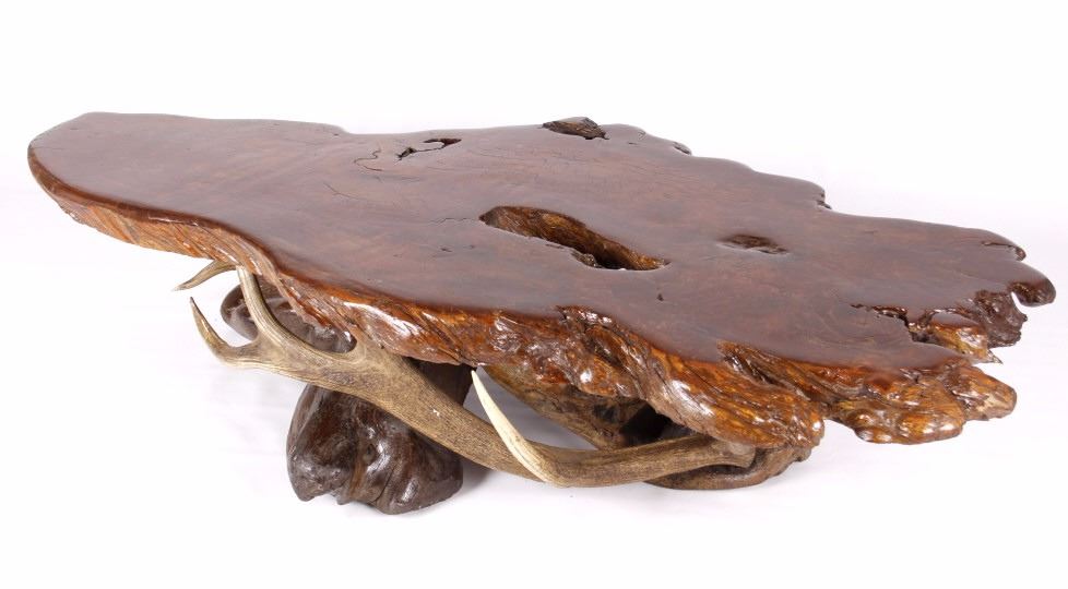 Live Edge Juniper Burl Slab & Antler Coffee Table
