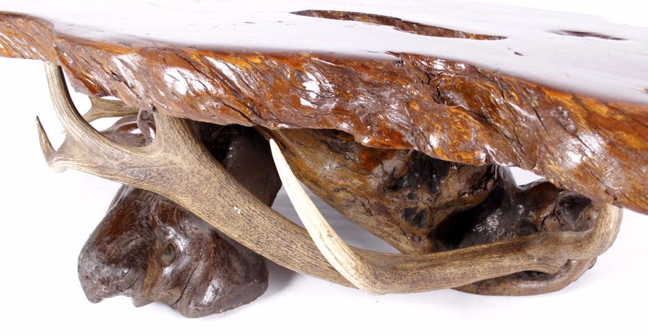 Live Edge Juniper Burl Slab & Antler Coffee Table