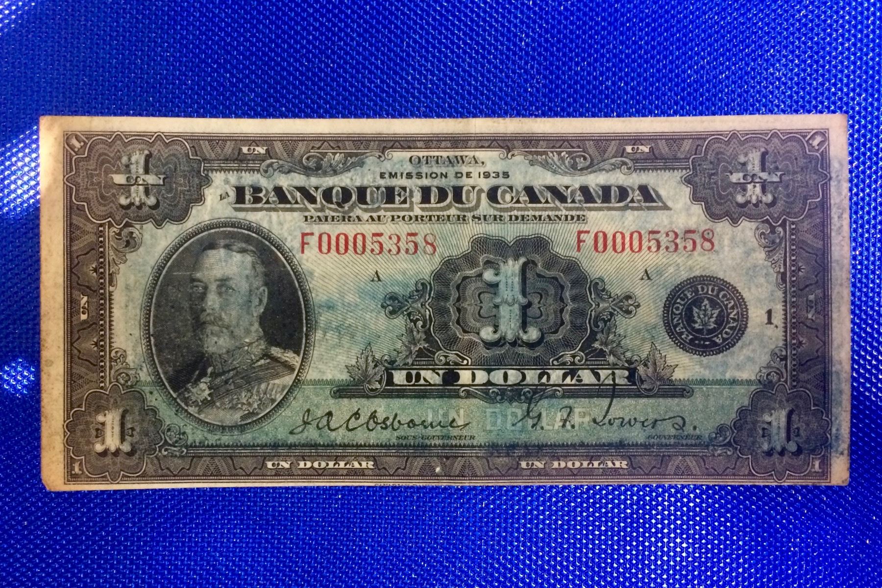 ESTATE SALE: BANQUE DU CANADA 1$ 1935 FRENCH NOTE, OSBORNE-TOWERS-SERIAL: F0005358, BLUE COLOR