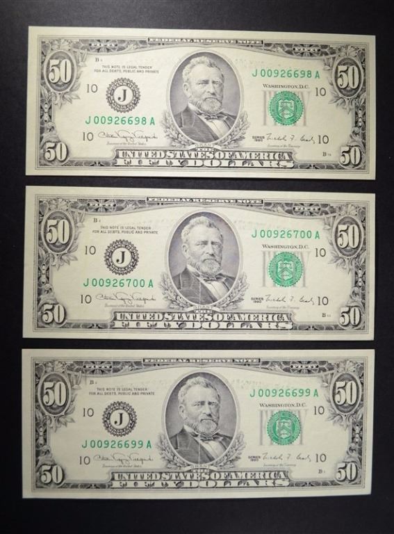 3-1990 $50 FEDERAL RESERVE NOTES GEM UNC