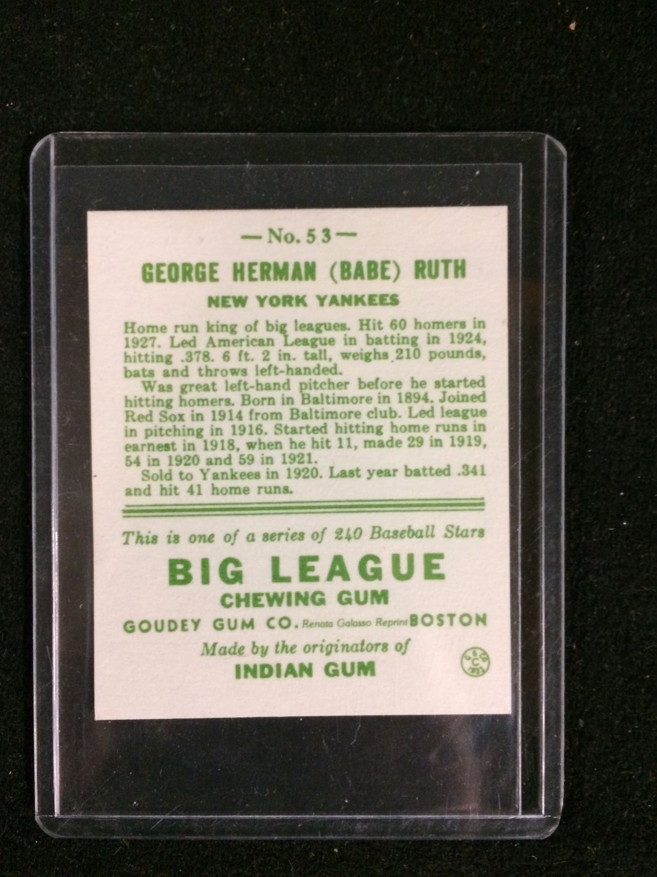 Babe Ruth #53 Big League Chewing Gum/Indian Gum Reprint 1986 Goudey Gum Co.