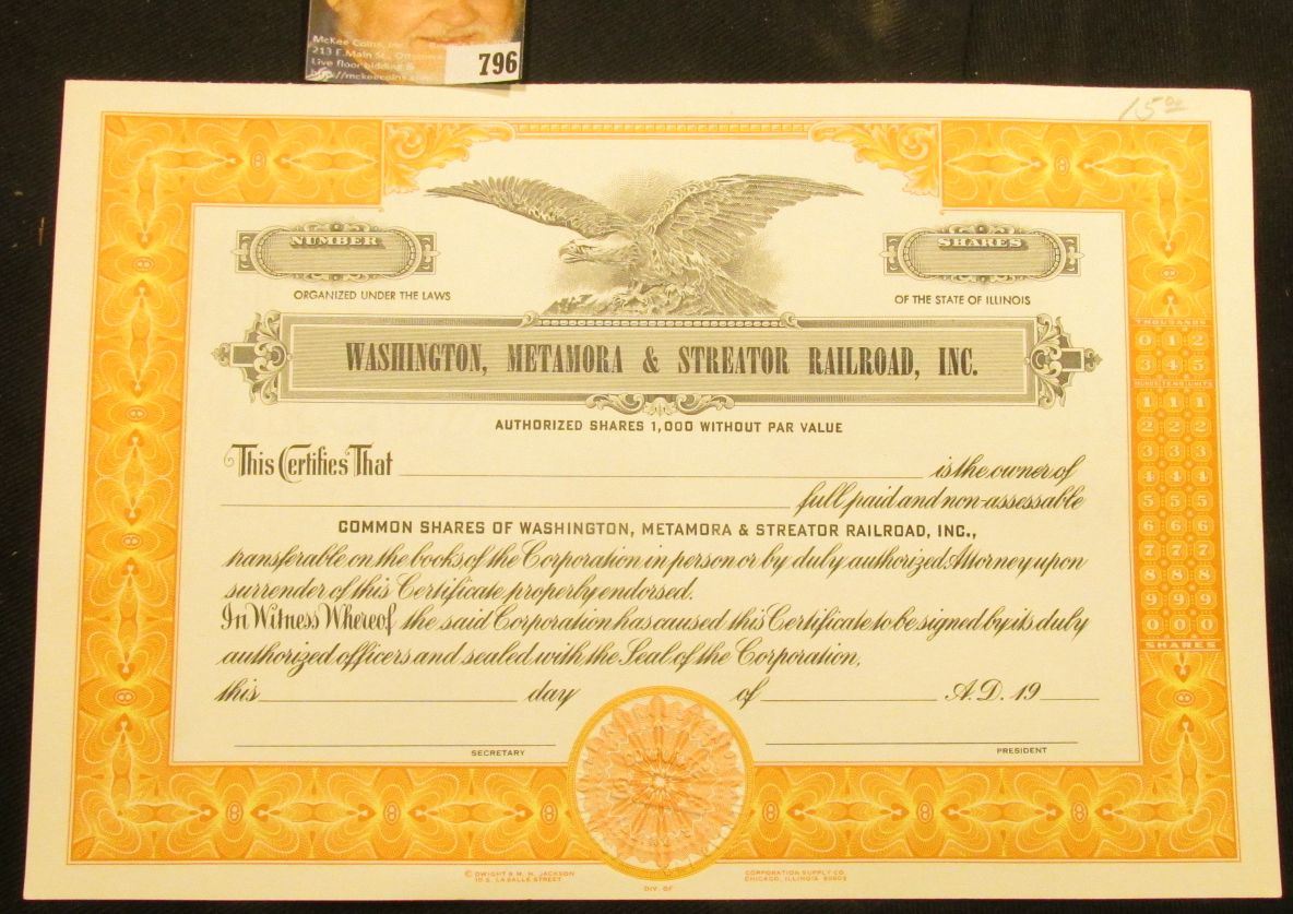 Unissued State of Illinois Stock Certificate "Washington, Metamora ...