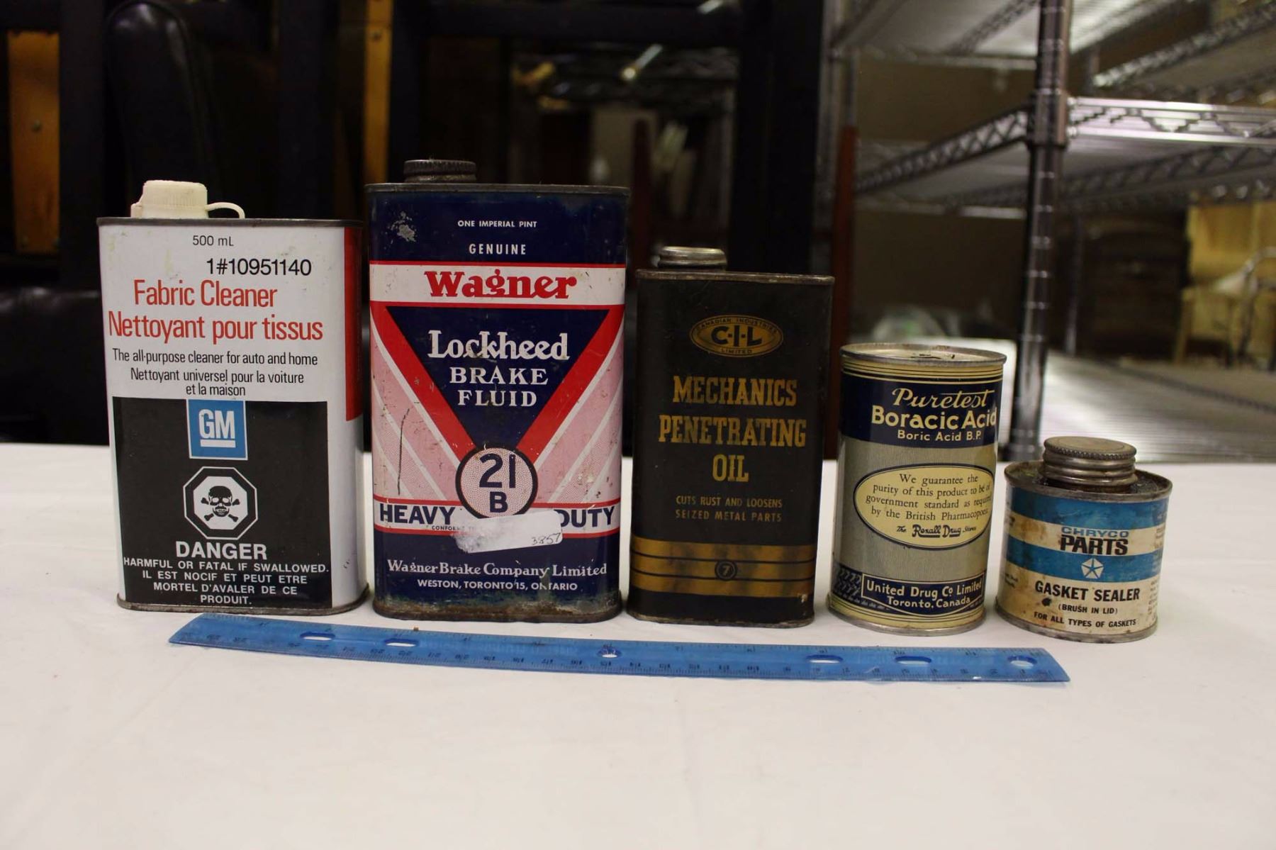 5 Tins: Wagner Brake Fluid, Puretest Boracic Acid, CIL Oil, GM Fabric ...