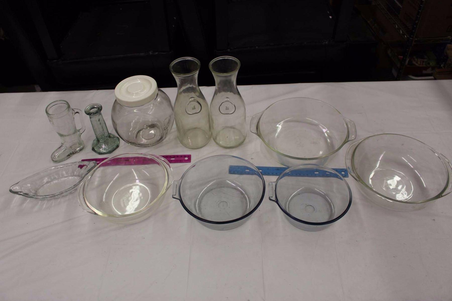 Lot of Vintage Clear Glassware (Milk Bottles, Pyrex Dishes, Fire King, Etc)