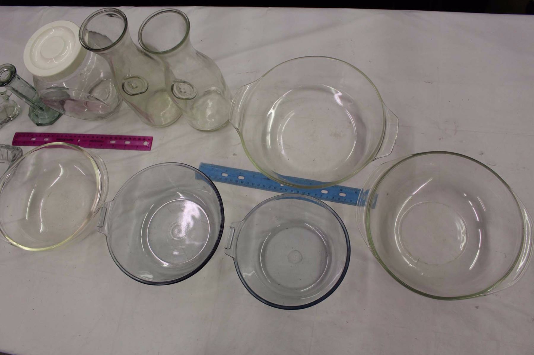 Lot of Vintage Clear Glassware (Milk Bottles, Pyrex Dishes, Fire King, Etc)