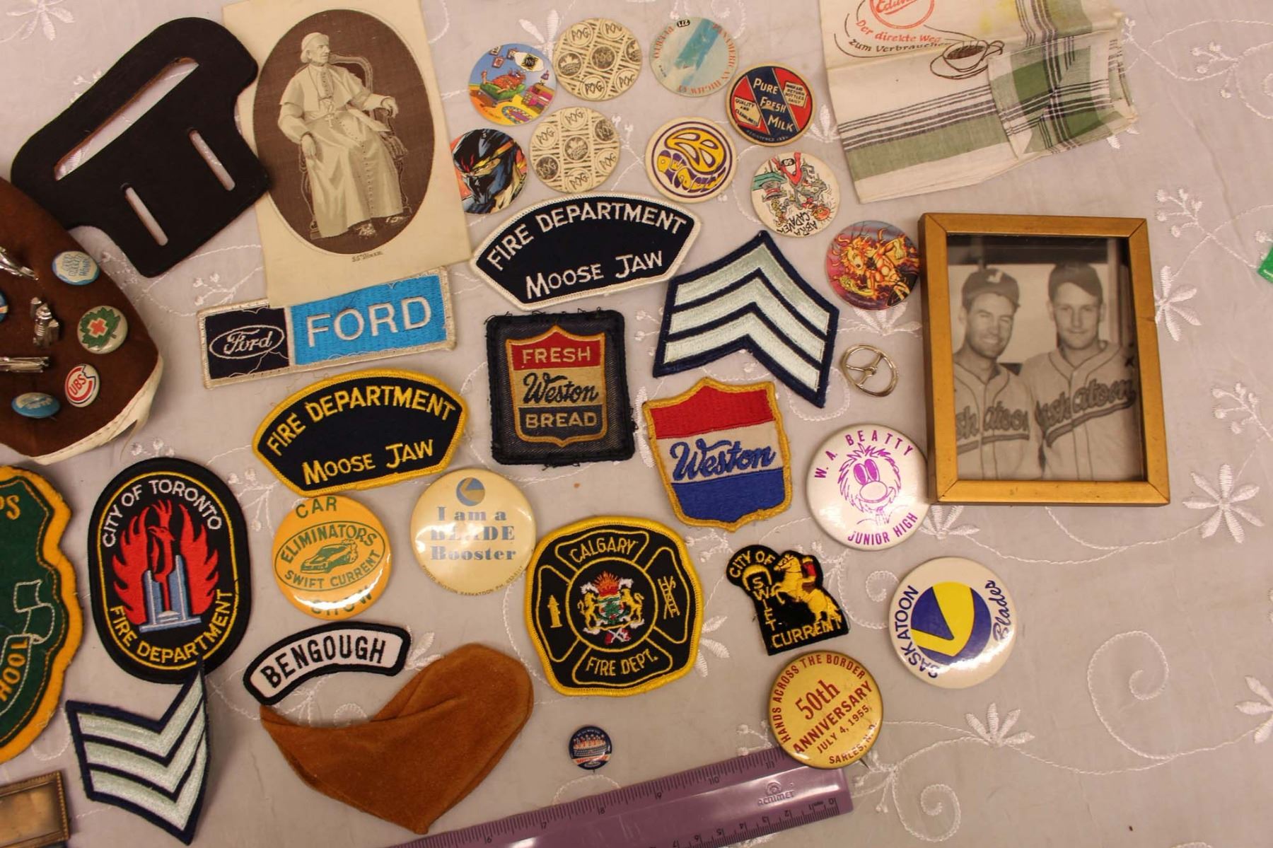 Lot Of Vintage Patches And Pins And Vintage Saskatoon baseball Picture