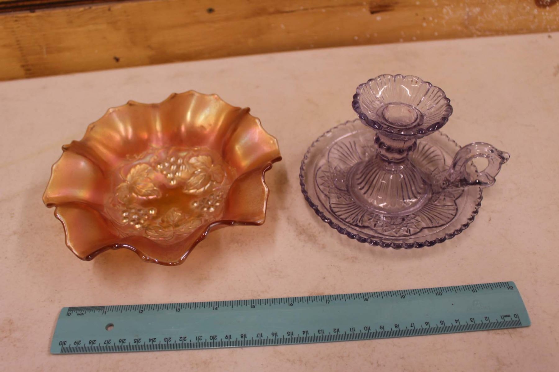 Purple Depression Glass Candle Holder & Carnival Glass Dish (No Chips ...