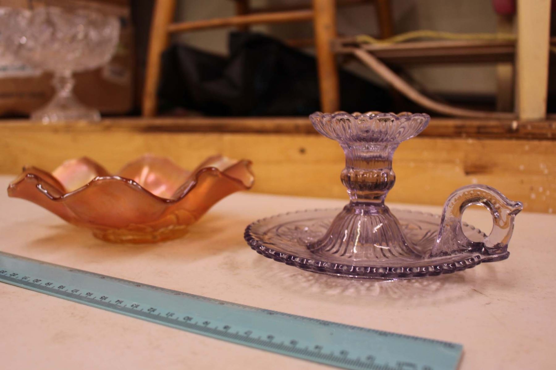 Purple Depression Glass Candle Holder & Carnival Glass Dish (No Chips ...