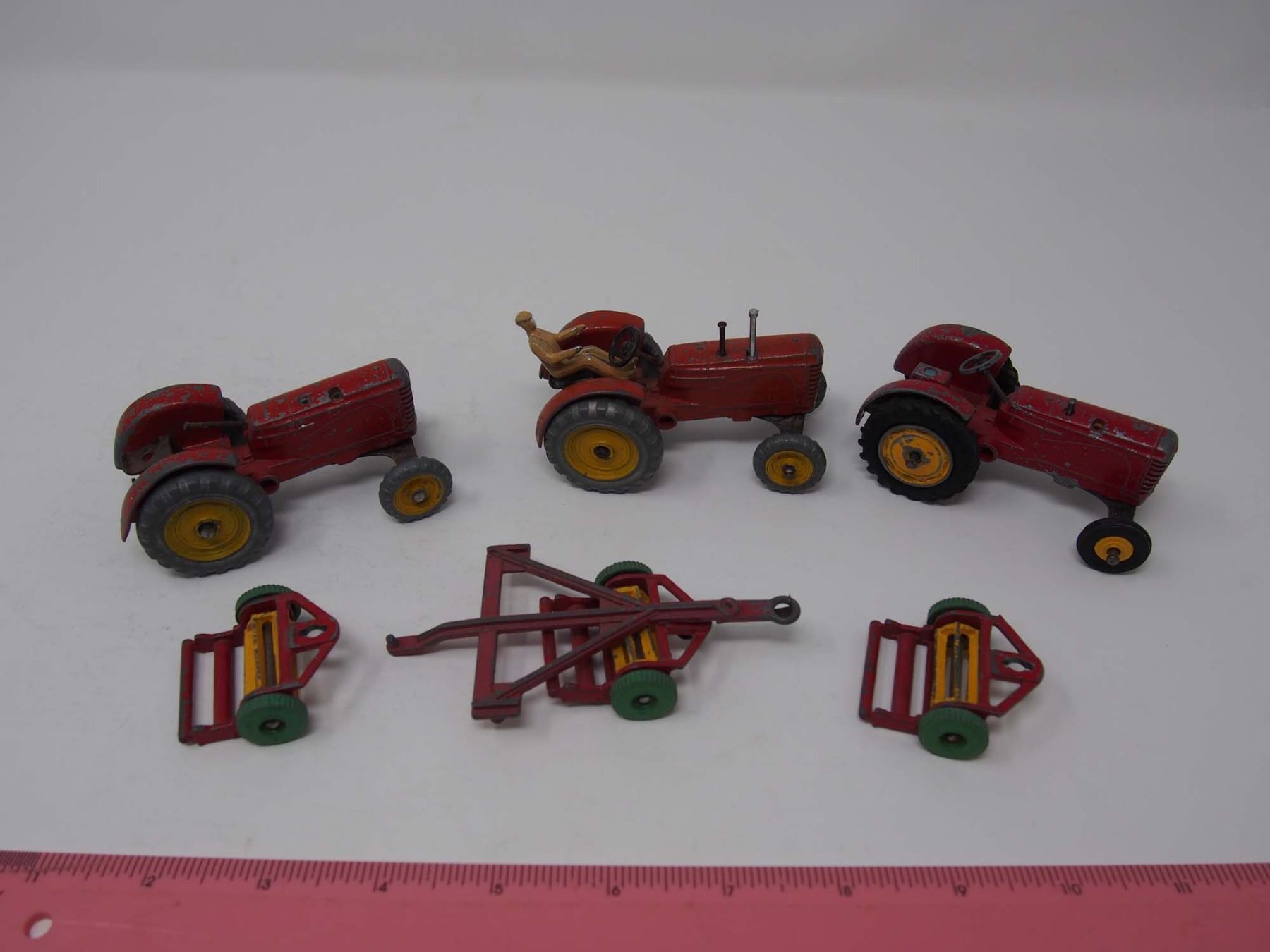 3 Massey 44 Dinky Toy Tractor, 3 Dinky Mowers
