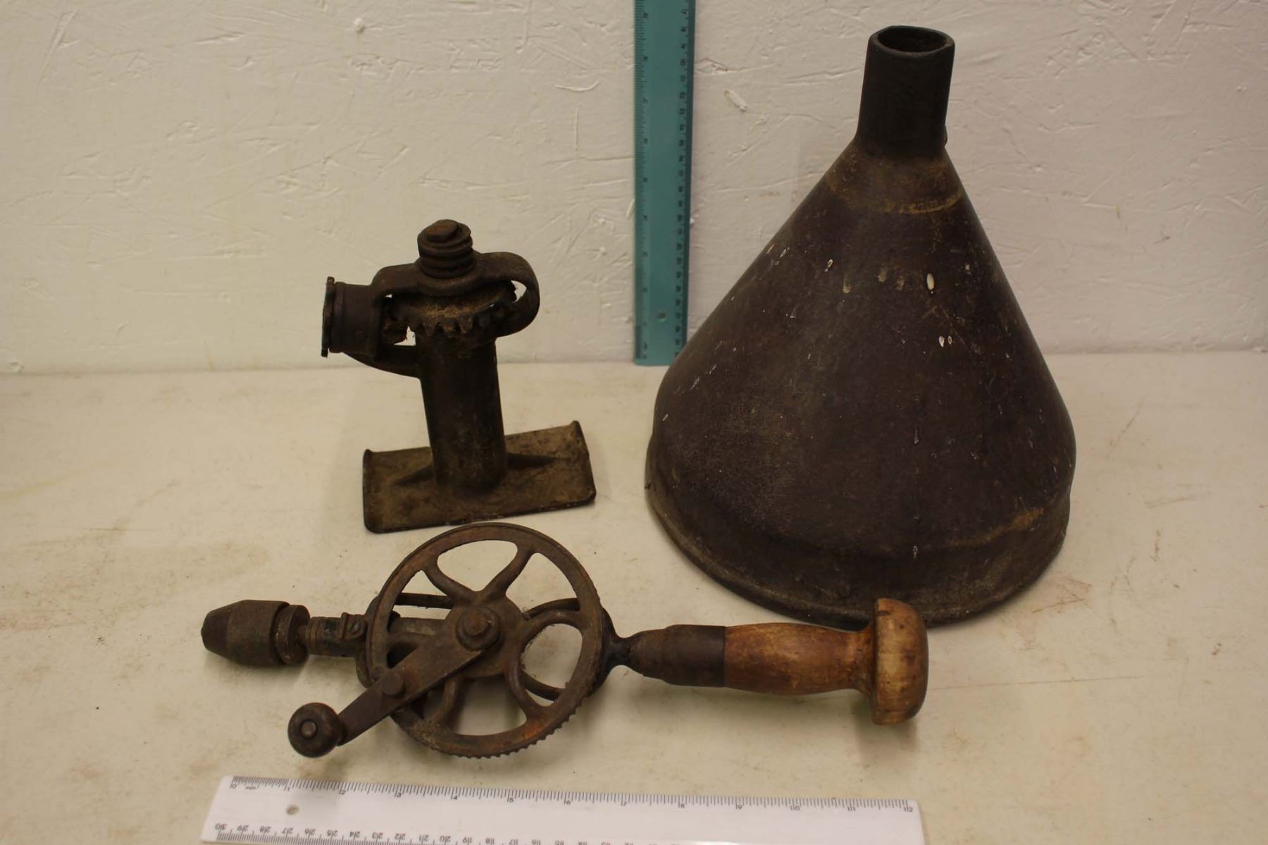 Vintage Tools: Cast Iron Funnel, Hand Drill, Etc
